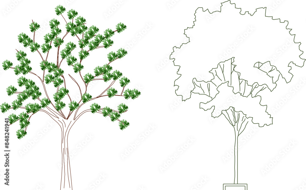 Vector silhouette illustration sketch, detailed artistic tree plant ...