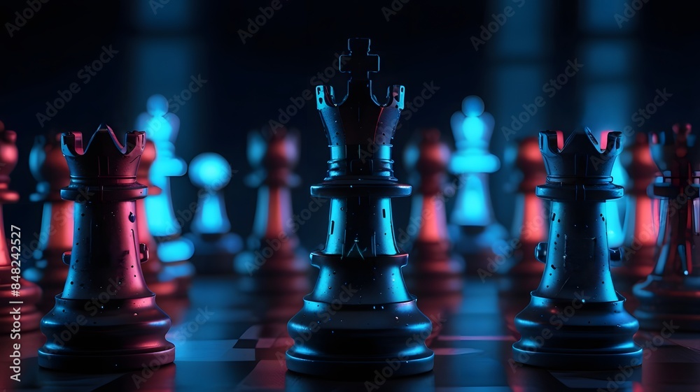 chessboard scene with its pieces illuminated with red and blue neon ...