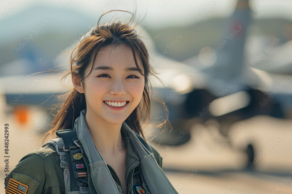 Asian female Air Force pilot looking at camera in fighter jet parking ...