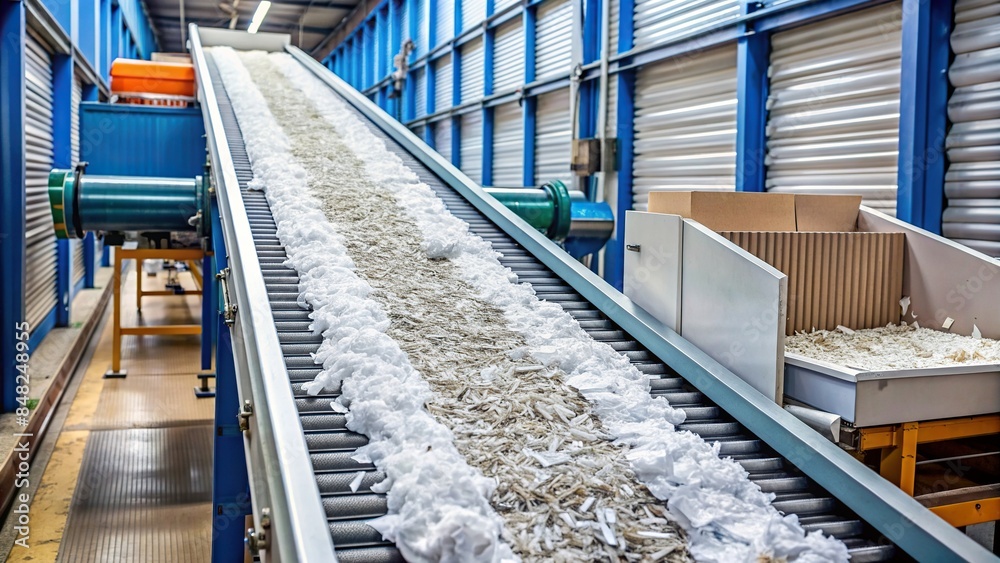 Conveyor belt with stacks of paper going into shredder, paper, waste ...