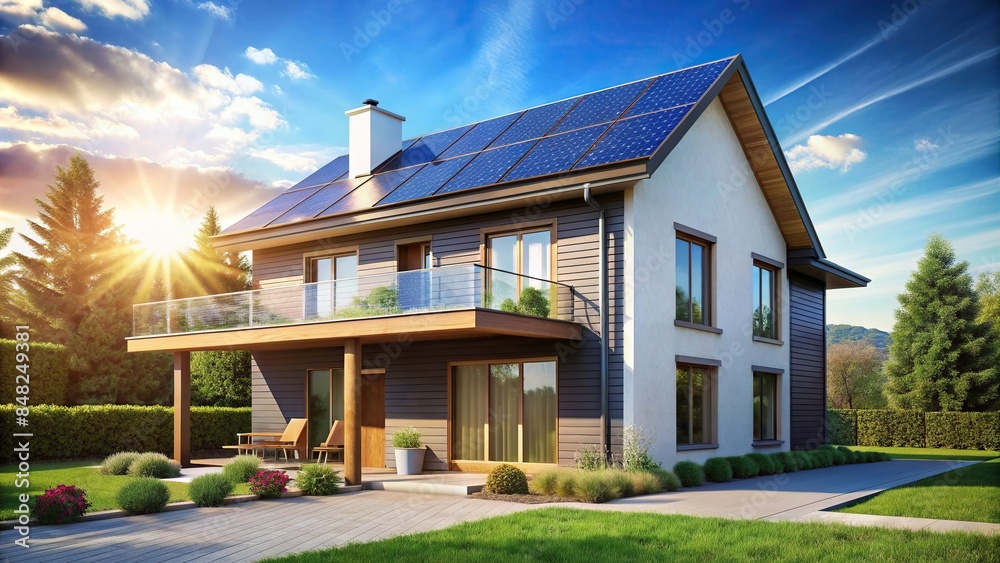 Modern two-story house with solar panels on roof under clear blue sky ...
