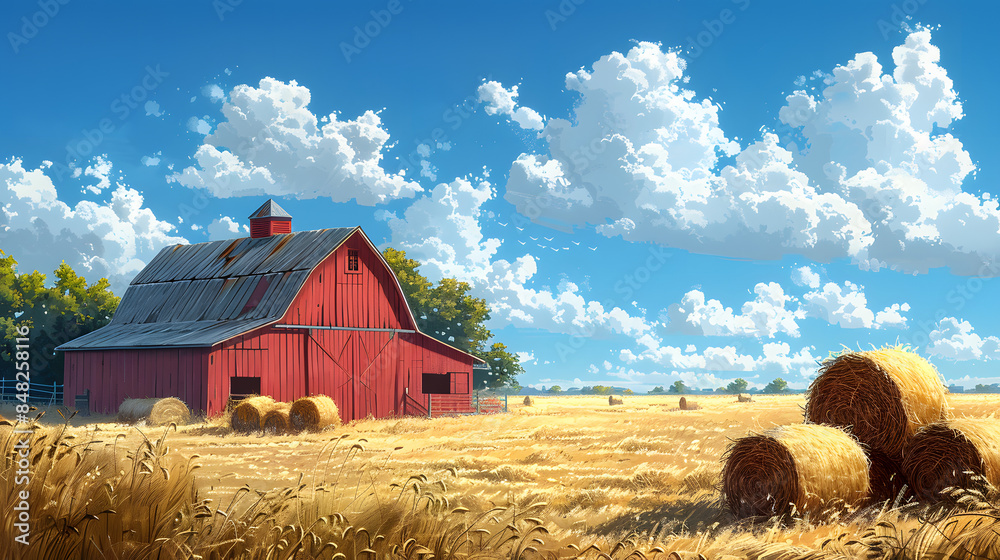 A colorful cartoon illustration of a farm scene featuring a red barn ...
