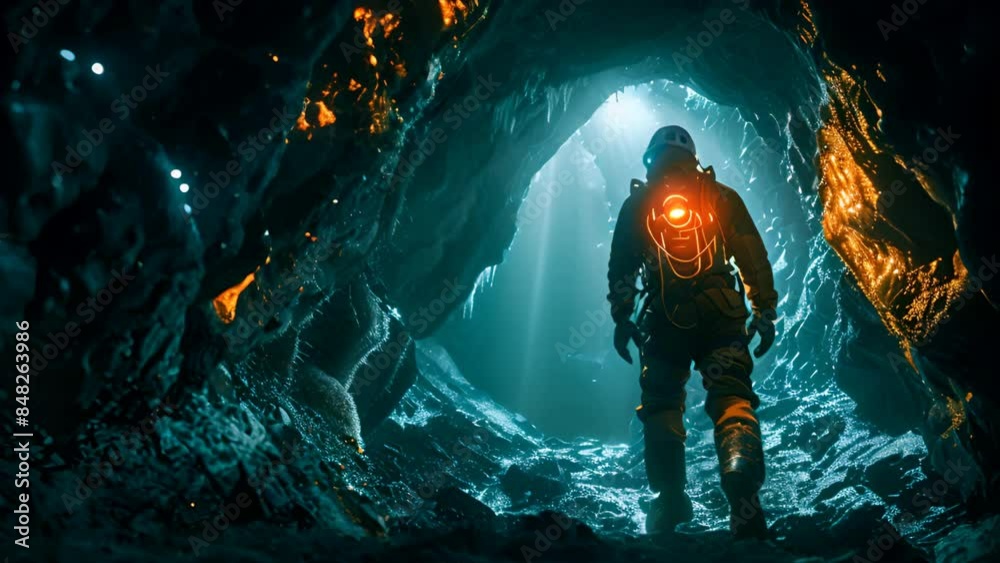 A cave explorer exploring a dark and narrow cave passage. Helmet ...