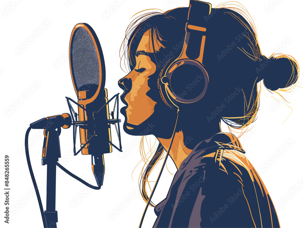 white background, A singer in a recording studio, their voice captured ...