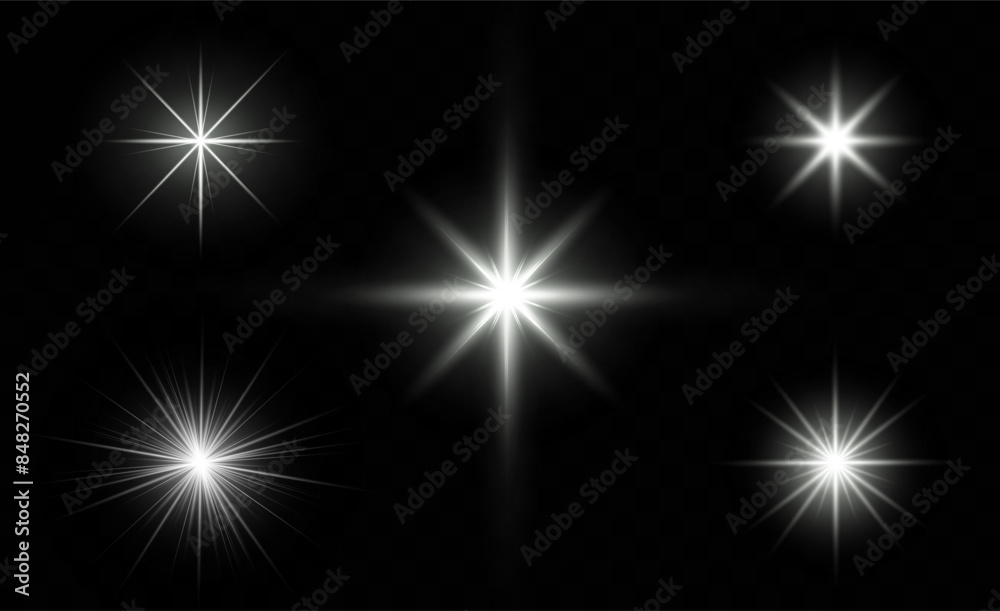 A realistic vector illustration of various light effects on a black background, including ...