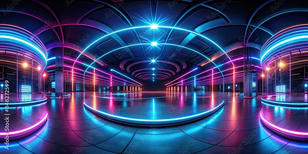 Modern 12K HDRI abstract panorama with LED and neon lights on a black ...