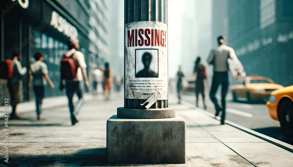 Missing Person Poster on City Street Light Pole with Busy Pedestrians ...