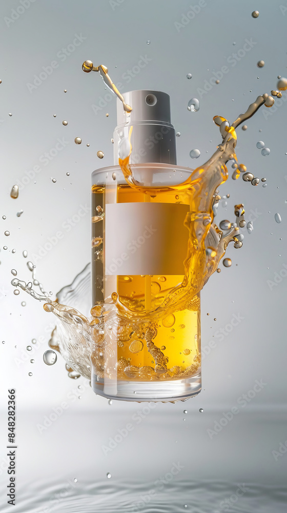 Bottle of facial toner, serum or other yellow cosmetic liquid floating ...