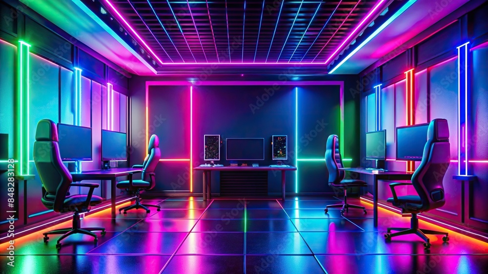 Vibrant RGB gamer room background with neon lights and futuristic ...