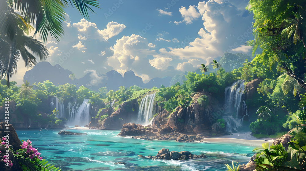 An exotic island oasis with hidden waterfalls and secluded beaches ...