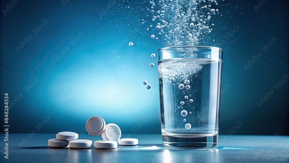 Effervescent pills dissolving in water creating a bubbly, fast-acting ...