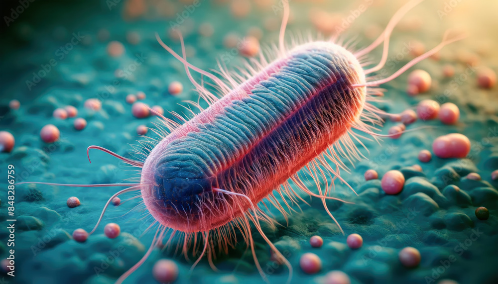 Foto de Microscopic illustration of a Single Bacterium on a blue ...
