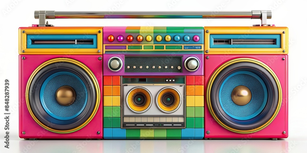 Colorful retro music boombox render on white background, retro ...