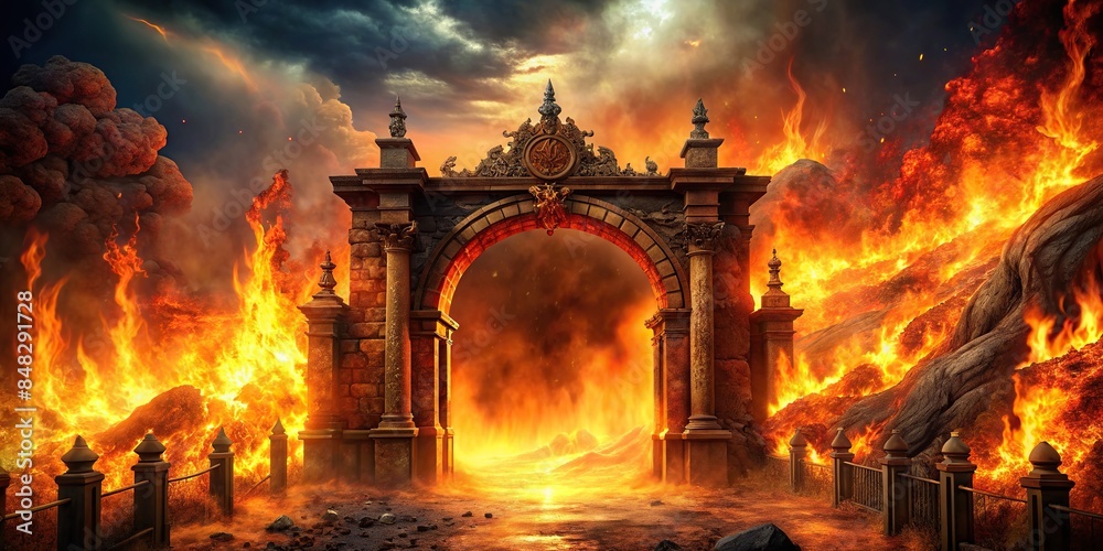 of a sinister cursed hell gate with billowing smoke and fiery flames ...