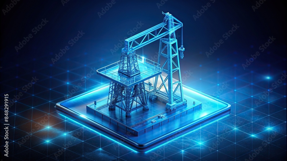 Hologram of an isometric oil rig model on a blue background, hologram ...