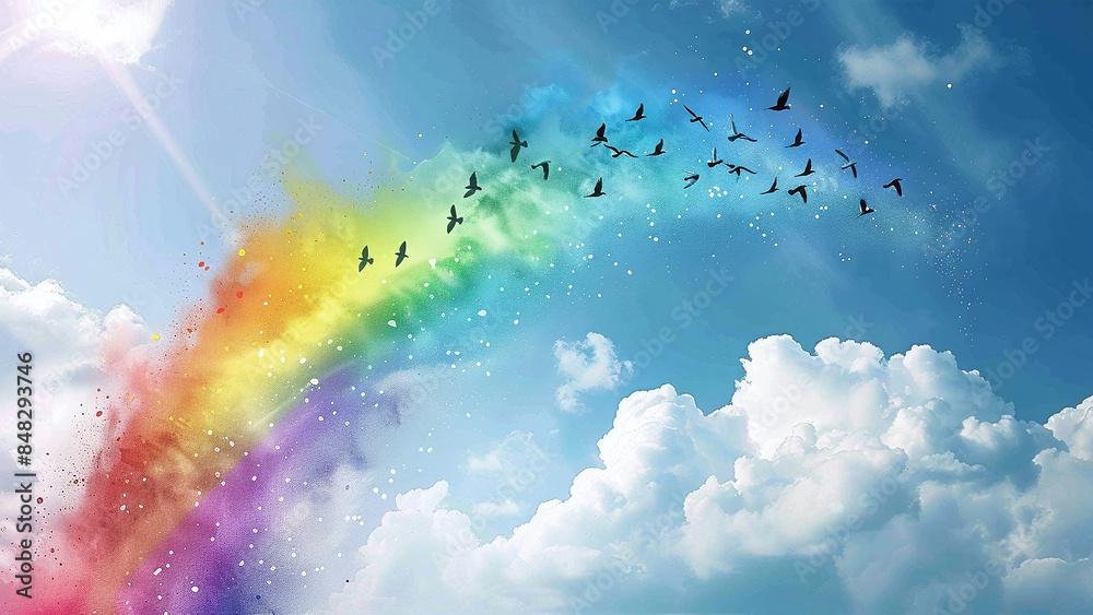 Spectrum of Serenity A Rainbow’s Arch Over Blue Skies and Fluffy Clouds ...