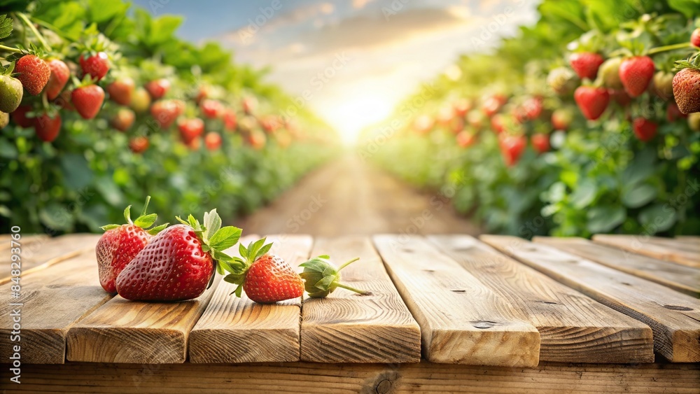 Wooden table top with blur strawberry farm background for product ...
