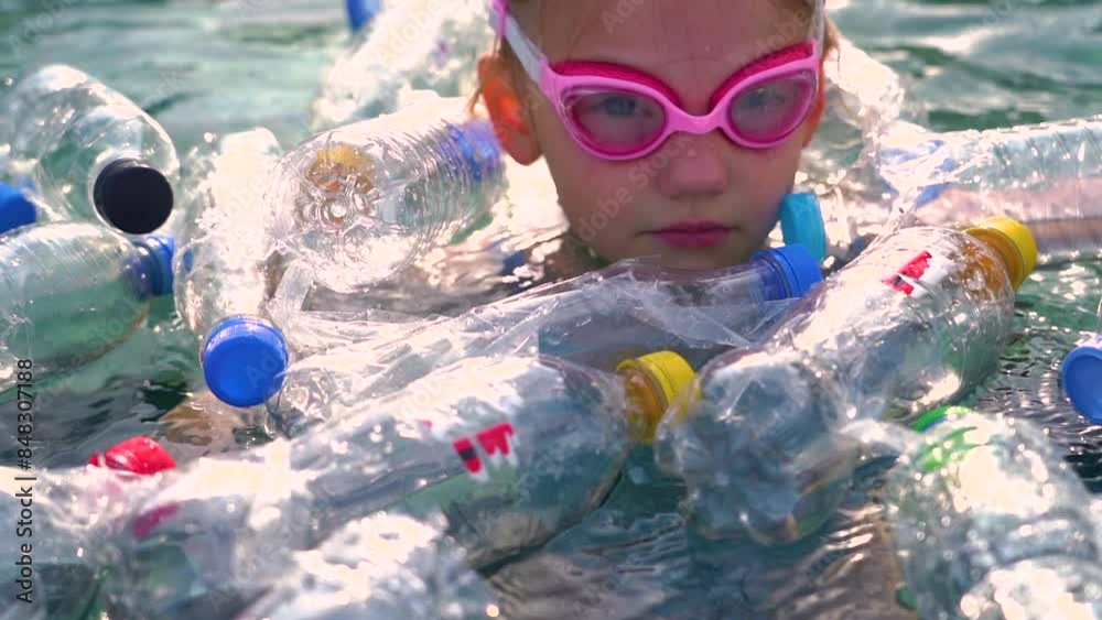 Child playing among the trash and rubbish. A little girl swims among ...