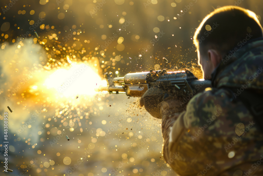 Special forces fire in battle. Shoot to kill. A modern soldier fires a ...