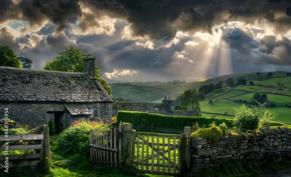 Beautiful country scene of the Lake District with an old stone ...
