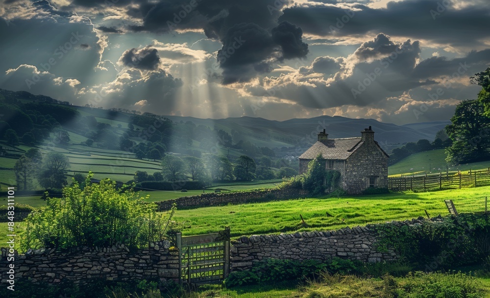 Beautiful country scene of the Lake District with an old stone ...