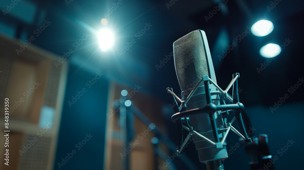 Voice actor recording in a professional studio, microphone and ...
