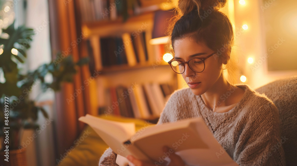 Narrator reading from a script in a cozy home studio, warm lighting and ...