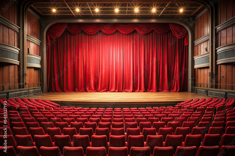 Empty theater stage with red curtain and rows of empty seats , theater ...