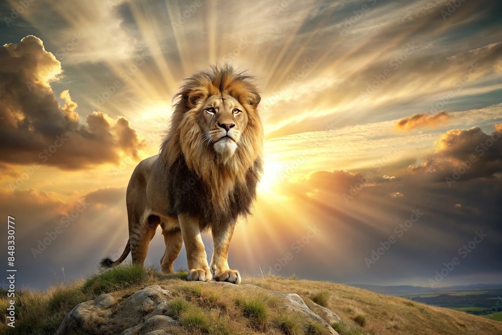 Majestic lion standing on savannah hill with sun rays, noble pout and ...