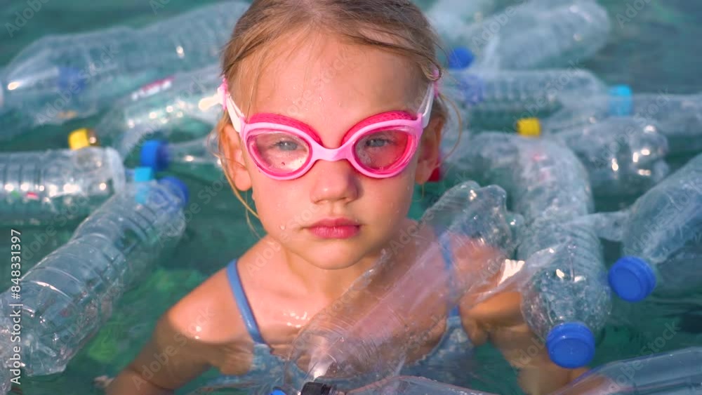 Child playing among the trash and rubbish. A little girl swims among ...