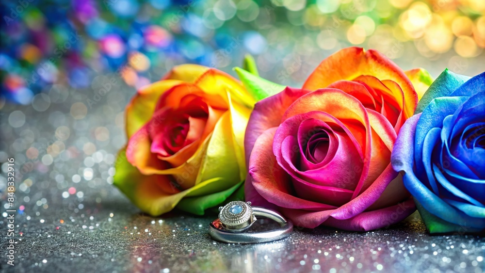 Rainbow roses with engagement ring on silver glitter with bokeh light ...