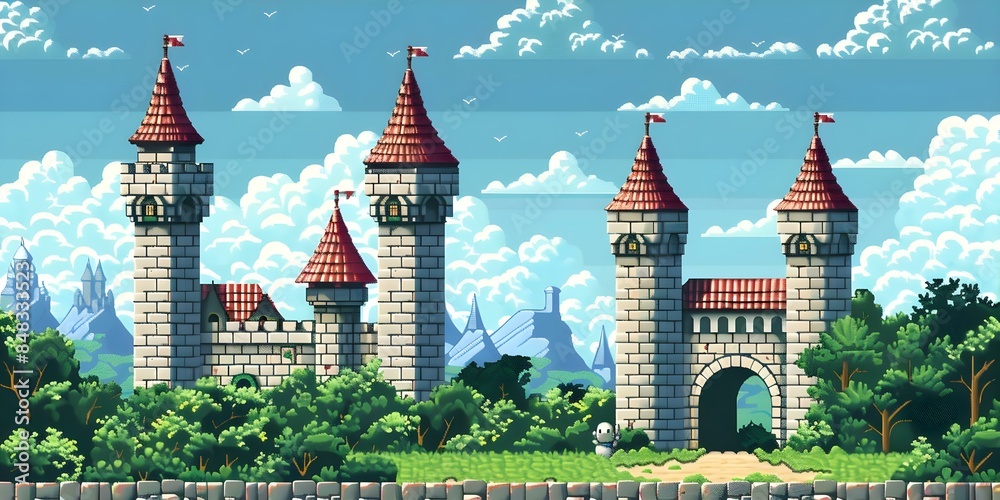 8bit vintage computer game style background with castles and towers ...