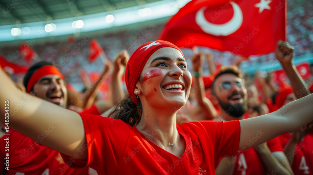 Turkish football soccer fans in a stadium supporting the national team ...