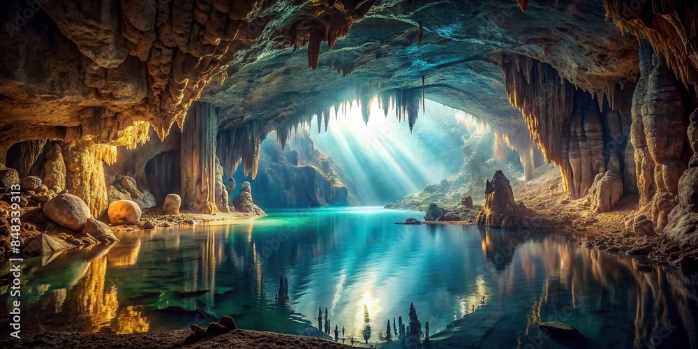 Mysterious cavern with eerie lighting and uncharted depths, abyss ...