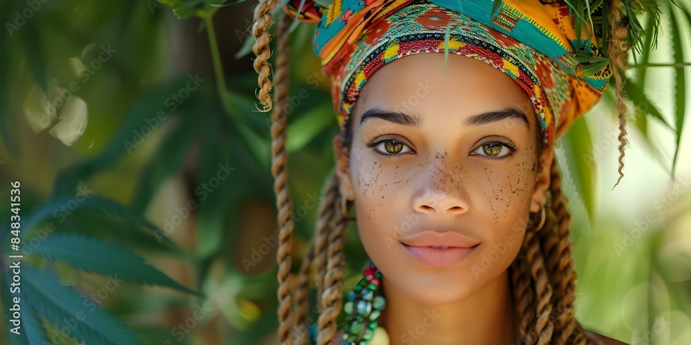 Rastafarian woman with cannabis leaves embodying Rasta culture. Concept ...