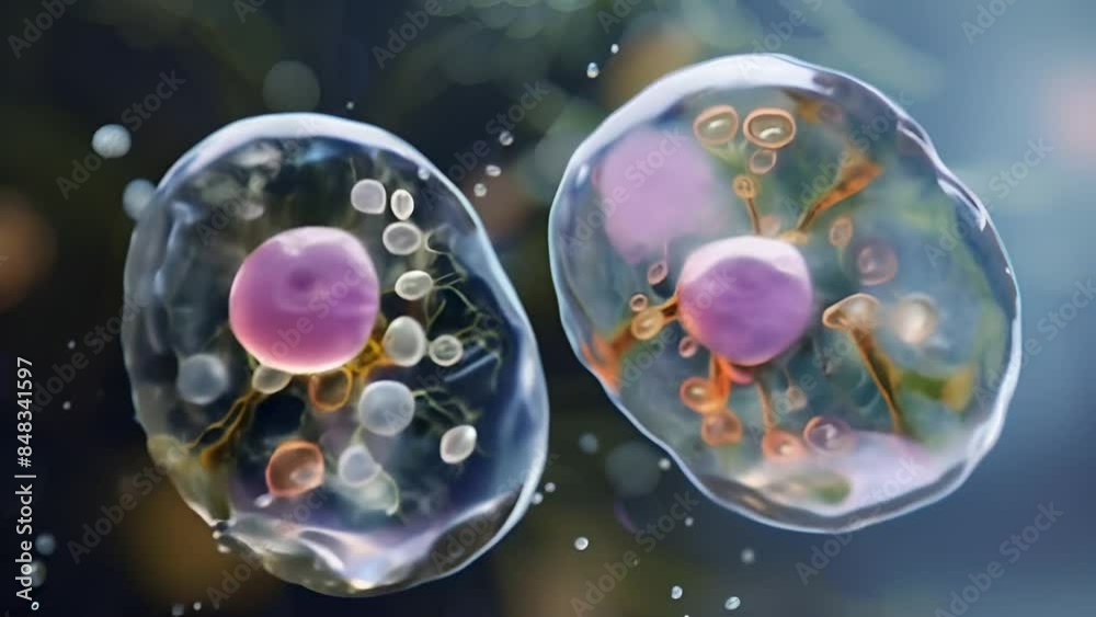 Representation of cellular division, where one cell divides into two ...