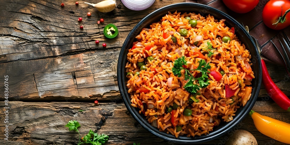 Colorful Nigerian jollof rice on rustic wooden table traditional ...