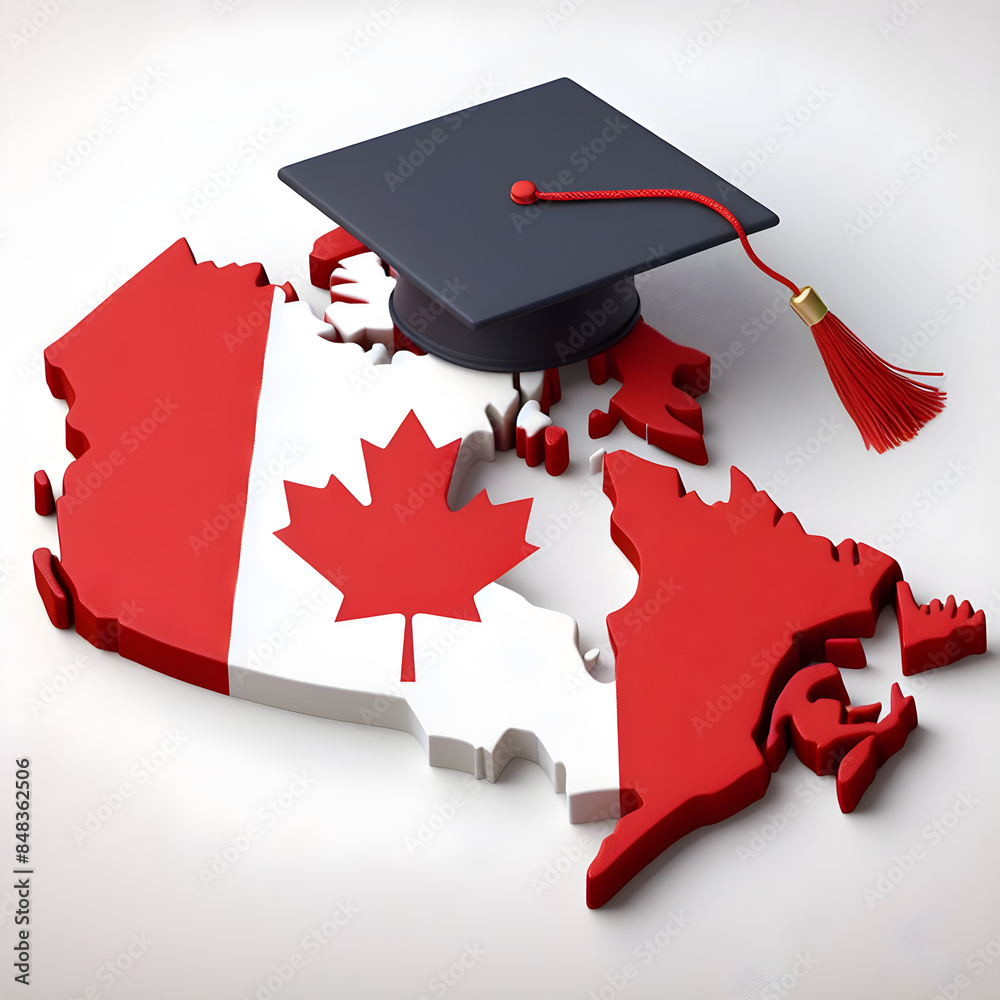 3D Canada graduation cap and diploma with flag. Canada map and ...