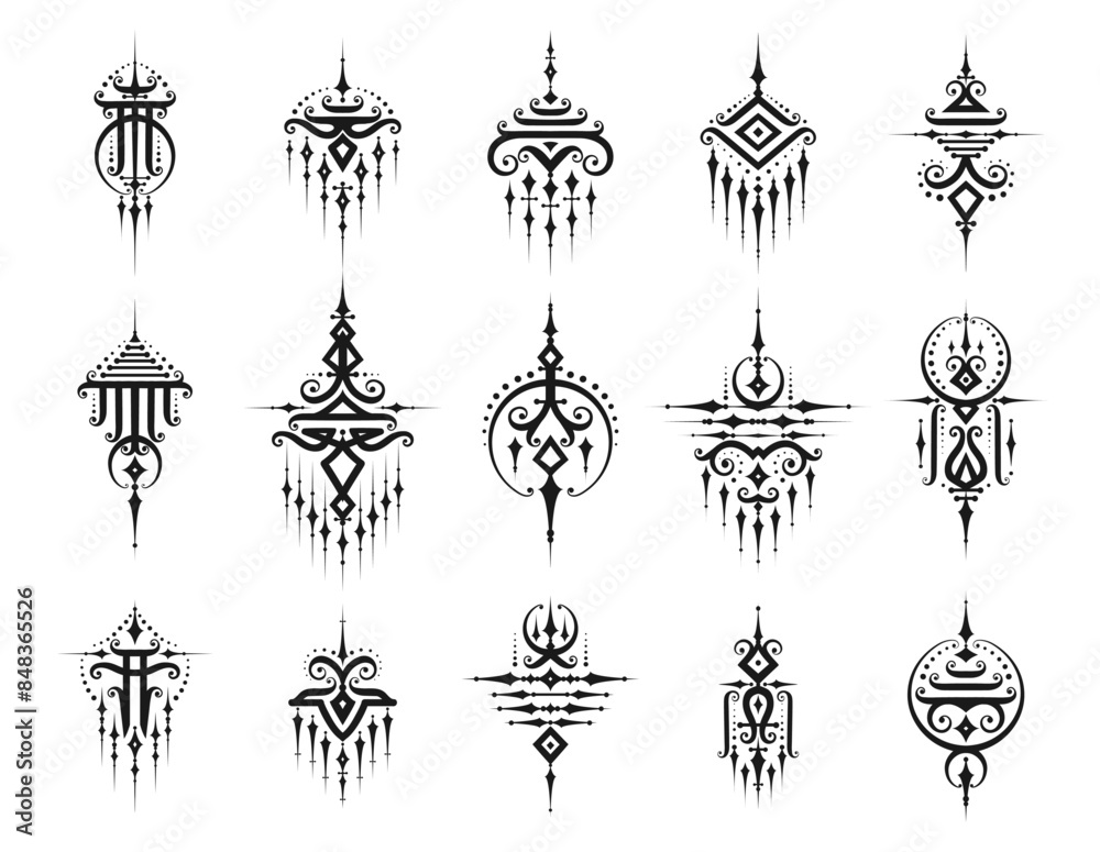 Sacred oriental thai symbols, vector black traditional religious motifs ...