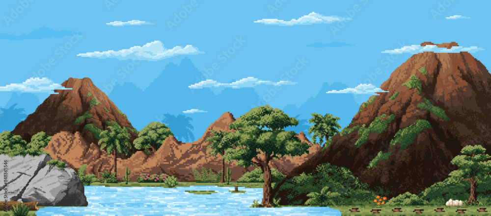 8 bit pixel art game prehistoric landscape with mountains and volcano ...