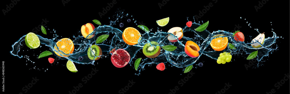 Water long wave flow splash with fruits and leaves on realistic vector ...