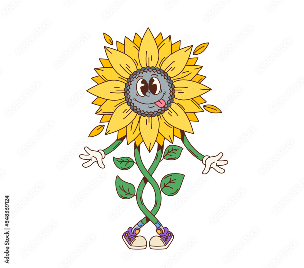 Cartoon retro groovy sunflower character, vintage smiling flower vector ...