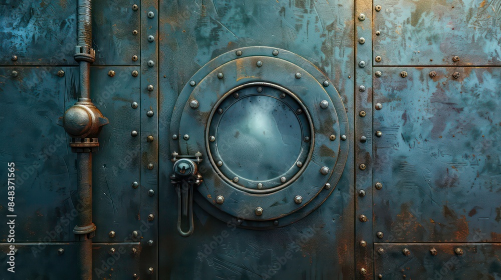 Metal door with porthole on wall with pipes, valves and rivets. Bunker ...