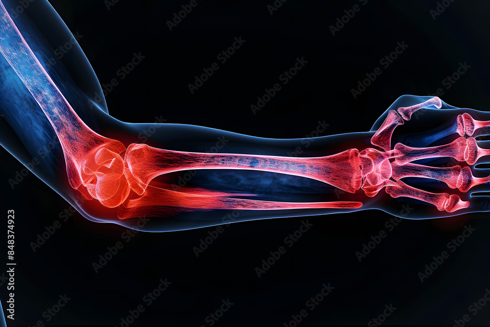 Detailed X-ray of male human elbow, focusing on the elbow joint with ...