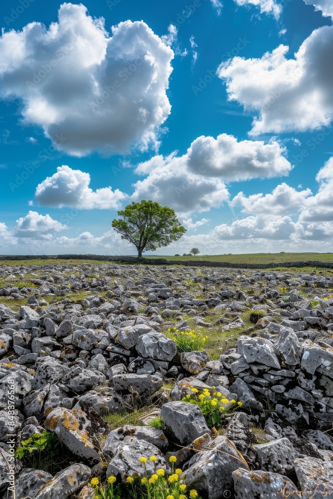 Limestone lanscape of an irish field Yorkshire Dales with blue sky and ...