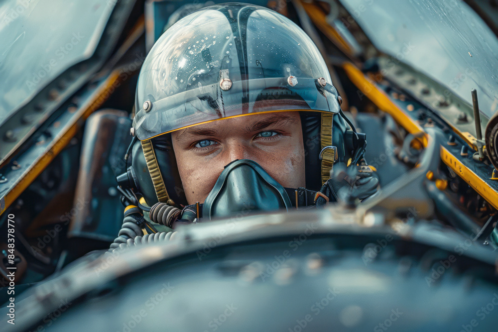WWII Fighter Pilot in Cockpit, Ready for Battle - Dramatic Image of ...