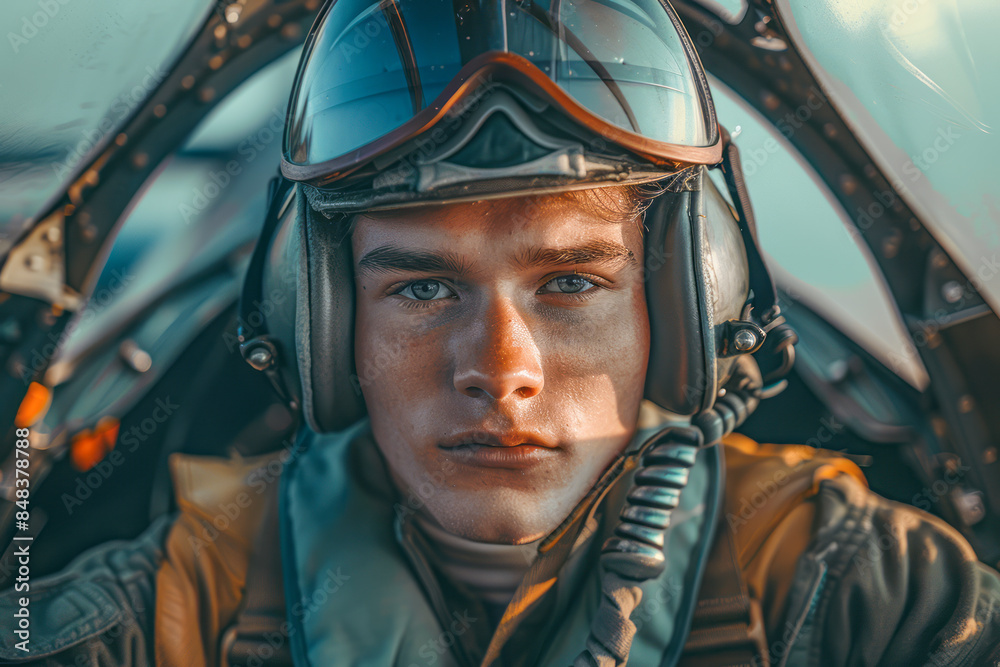 WWII Fighter Pilot in Helmet Preparing for Battle in Airplane ...