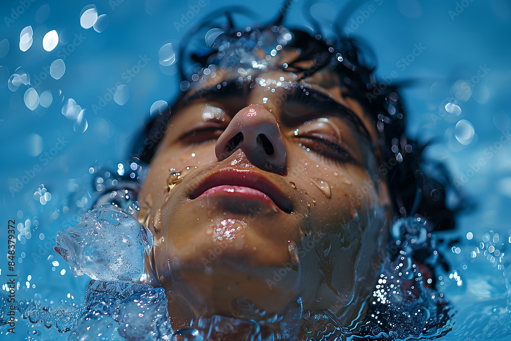 Man plunged headlong into ice bath. Young man swimming in pool with ice ...