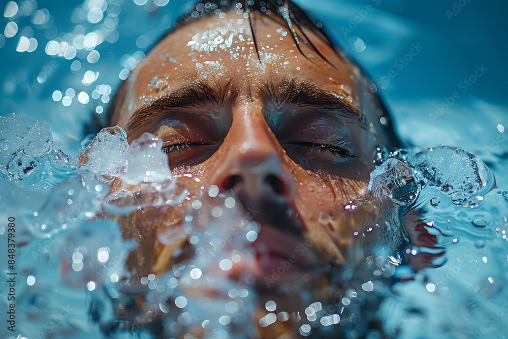 Adult man swimming in pool with ice, his head under water, pieces of ...