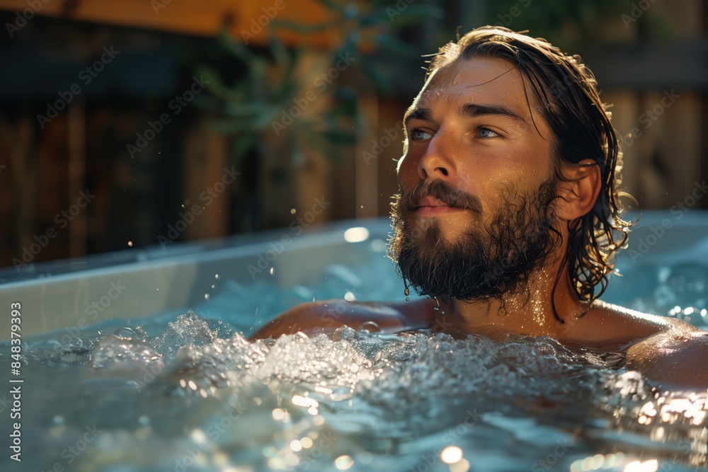 Man with beard in pool with ice, water is splashing around him. A man ...